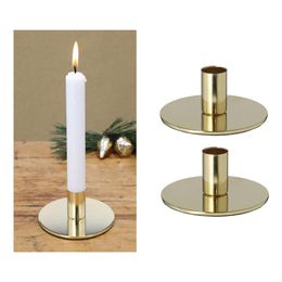2er-Set Kerzenhalter Metall rund Gold 10x5cm weihnachtliche Tischdekoration Kerzenst&auml;nder Tafelkerzen Kerzenpin scandic chic Vintage Kerzenhalter Retro Kerzenteller Dekoschale Wohnzimmer