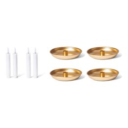 4er-Set Stabkerzenhalter Durchmesser 13cm Dekoschale Gold mit LED-Stabkerze aus Echtwachs Premium scandic chic Kerzenteller Tafelkerzen Weihnachtsdekoration Adventskranz Candle Holder
