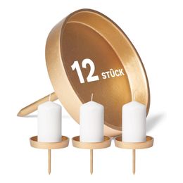 12x Kerzenpick flach 10cm Gold Aluminium Kerzenst&auml;nder Adventskranzdeko Kerzenhalter Adventskranz Adventskerzenhalter Weihnachtskranz Kerzenteller zum Stecken rund Kerzenpin