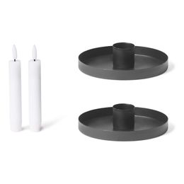 2X Stabkerzenhalter rund Metall Durchmesser 14cm matt SCHWARZ mit LED-Stabkerze Echtwachs Kerzenhalter Tafelkerzen Candle Holder Kerzenpick Adventskranz scandic chic Weihnachtsdekoration