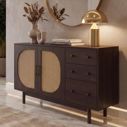 Sideboard MCW-P52, Schrank Kommode Highboard, Schubladen Stauf&auml;cher, Poly-Rattan MDF Melamin 80x120x40cm ~ Walnuss-Optik