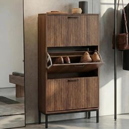 Schuhkipper MCW-P48, Schuhregal Schuhschrank, 3 Kippf&auml;cher Ablage MDF Melamin 125x60x25cm ~ braun