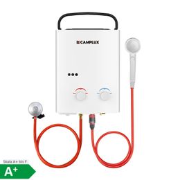 Camplux Tragbarer Gas-Durchlauferhitzer 10 kW, 5 L/min, Wei&szlig;