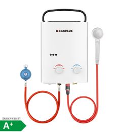 Camplux Tragbarer Gas-Durchlauferhitzer 10 kW, 5 L/min, Wei&szlig;