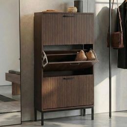 Schuhkipper MCW-P48, Schuhregal Schuhschrank, 3 Kippf&auml;cher Ablage MDF Melamin 125x60x25cm ~ Walnuss-Optik
