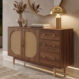 Sideboard MCW-P52, Schrank Kommode Highboard, Schubladen Stauf&auml;cher, Poly-Rattan MDF Melamin 80x120x40cm ~ braun
