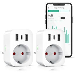 BEARWARE WLAN-Steckdose mit USB, 2,4Ghz WiFi Fernsteuerung per Smart life App, Sprachsteuerung, 2-St., Zeitschaltuhr, Energiekostenmessger&auml;t