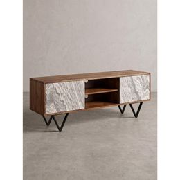 KADIMA DESIGN Lowboard Dunkles Massivholz Braun-Wei&szlig; 150x35x56 cm - AREZZO Kadima