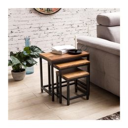 FineBuy 3er Set Beistelltisch Sheesham Satztisch Massivholz Couchtisch Metallbeine