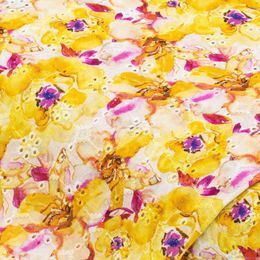 buttinette Baumwollstoff "Blumen" mit Lochstickerei, gelb-color