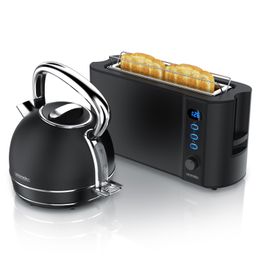 arendo Fr&uuml;hst&uuml;cks-Set Edelstahl Wasserkocher 1,7l, 2-Scheiben Langschlitz Toaster, schwarz (2-tlg), Vintage Wasserkocher Temperatureinstellung
