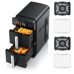 arendo Hei&szlig;luftfritteuse mit 2 Kammern &Uuml;bereinander, XXL Doppelkammer Airfryer 11L, Dual Zone, 2400 W, mit Zubeh&ouml;r, Umluft Backofen, Edelstahl