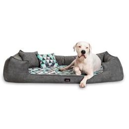 Tierlando &reg; Orthop&auml;disches Hundebett VELVET Samt Velours Dreiecke geometrisch grau / t&uuml;rkis 1,3 m, 25 cm, 1 m