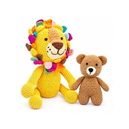 miniHeld Geschenkset handgestrickter L&ouml;we Lio 28cm + kleiner B&auml;r 15cm aus Baumwolle