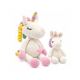 miniHeld Geschenkset Einhorn: gro&szlig;es handgestricktes Einhorn Gl&uuml;cksbringer 28cm + kleines Einhorn 16cm aus Baumwolle