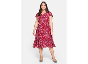 4063135449263 - Große Größen Chiffonkleid mit Blumenprint und Wasserfallkragen karminrot bedruckt Gr44