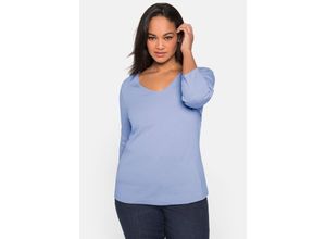 4063136139309 - Große Größen Shirt mit 3 4-Arm und V-Ausschnitt in Rippqualität mittelblau Gr44 46