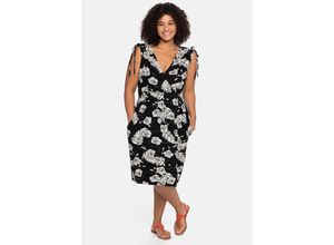 4063136091812 - Große Größen Strandkleid in Wickeloptik mit floralem Print schwarz-weiß Gr56