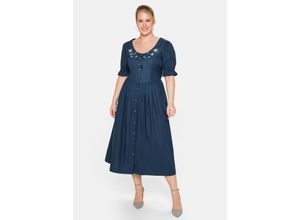 4063136278138 - Große Größen Trachtenkleid in Leinen-Optik mit Blütenstickerei blau Gr56