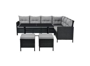 4260565522836 - Gartenlounge Manacor schwarz - Sofa Tisch Hocker & Kissen - 7 Personen - Sitzbezüge in Grau 4260565522836 - Gartenlounge Manacor schwarz - Sofa Tisch Hocker & Kissen - 7 Personen - Sitzbezüge in Grau