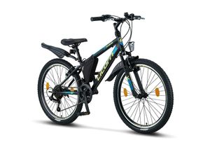 4260647780277 - Licorne Bike Guide Premium Mountainbike in 20 24 und 26 Zoll - Fahrrad für Mädchen Jungen Herren und Damen - Shimano 21 Gang-Schaltung Kinderfahrrad Kinder FarbeSchwarz Blau Lime Zoll24