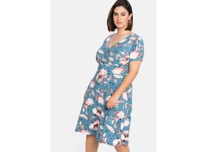 4063136218226 - Große Größen Jerseykleid in Wickeloptik mit Blumenprint blau bedruckt Gr50