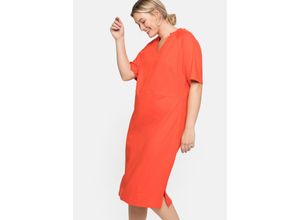 4063136207671 - Große Größen Shirtkleid mit gesmoktem V-Ausschnitt rotorange Gr42