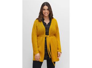 4063136386765 - Große Größen Longstrickjacke im Rippstrickmuster mit Bindegürtel senfgelb Gr48 50