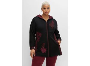 4063136375929 - Große Größen Kapuzensweatjacke in Longform mit Blumen-Details schwarz Gr56 58