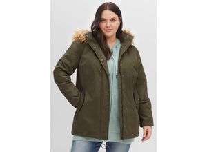 4063136411115 - Große Größen Parka mit Fellimitat-Kapuze und Oversized-Schultern dunkeloliv Gr40