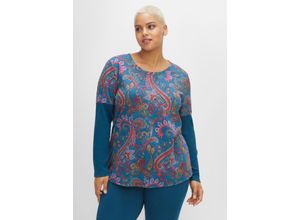 4063136389148 - Große Größen Lounge-Langarmshirt mit Paisleydruck petrol bedruckt Gr44 46