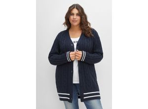 4063136412686 - Große Größen Longstrickjacke im Zopfmuster mit Streifen-Bündchen nachtblau Gr48 50