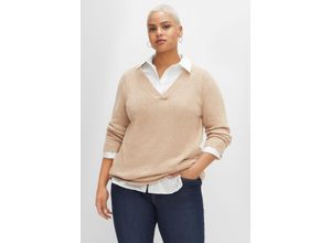 4063136394715 - Große Größen Pullover mit V-Ausschnitt und breiter Blende cappuccino meliert Gr52 54