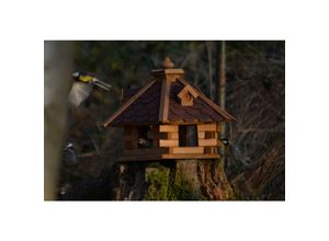 4055894987100 - Rustikales XL-Vogelfutterhaus im Blockhaus-Stil mit rotem Bitumendach Vogelhaus mit 6 Einfluglöchern