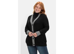 4063136541560 - Große Größen Strickjacke mit Kontrastdetails im Hahnentrittmuster schwarz Gr52 54