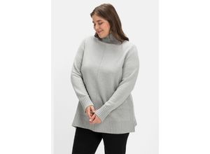 4063136544318 - Große Größen Pullover mit hohem Stehkragen und Tasche vorn hellgrau meliert Gr52 54