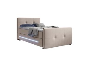 4260565526100 - Boxspringbett Houston – Einzelbett mit LED-Beleuchtung Topper & Bonell-Federkern-Matratze – Bett Polsterbett mit Stoff - 120x200 cm beige - Juskys