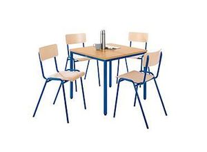 4250510848500 - Sparset Stapelstühle Buchenholz Gestell blau B 450 x T 520 x H 770 mm 4 Stück + Tisch Buche-Natur Gestell blau L 800 x B 800 x H 720 mm