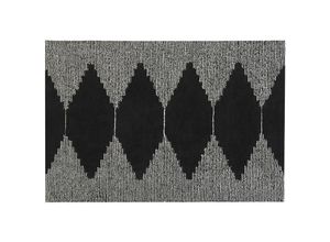 4251682272704 - Teppich Schwarz   Weiß Baumwolle 140 x 200 cm geometrisches Muster handgewebt gefärbt Kurzhaar Kurzflor Bettvorleger Läufer Retro Stil - Schwarz