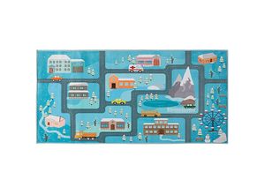 4251682221269 - Beliani - Teppich Blau Polyester 80 x 150 cm Kurzflor Bedruckt Stadt Motiv Kinderzimmer Rechteckig - Bunt