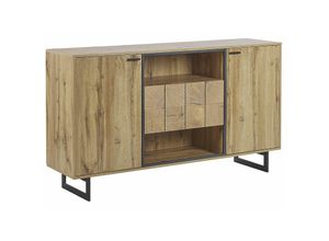 4251682277013 - Beliani - Sideboard Heller Holzfarbton   Schwarz Holzoptik 89 x 158 x 40 cm Metallbeine 2 Schränke 2 Schubladen elegantes Design Industrie Look