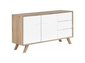 4251682260893 - Sideboard Weiß Heller Holzfarbton mdf Platte Pinienholz 75 x 140 x 40 cm Modern 3 Schubladen Mit 2 Türen Wohnzimmer - Heller Holzfarbton