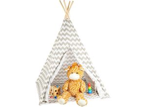 4052025289072 - Tipi Zelt Spielzelt mit Boden inklusive Tragetasche Wigwam Kinderzelt HxBxT 160 x 115 x 115 cm weiß-grau - Relaxdays