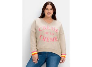 4063136877416 - Große Größen Sweater mit Wordingprint und Ringelbündchen sand Gr48