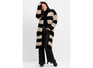 4063136875511 - Große Größen Strickjacke mit Blockstreifen in flauschiger Qualität schwarz-sand Gr52