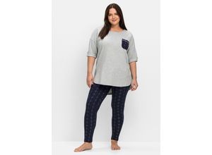 4063136777983 - Große Größen Pyjama-Set aus Shirt und Leggings marine+grau meliert Gr48 50