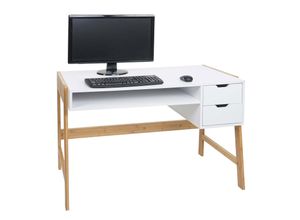 4057651537900 - Schreibtisch MCW-K12 Bürotisch Computertisch Arbeitstisch Schublade Bambus 76x115x58cm ~ weiß