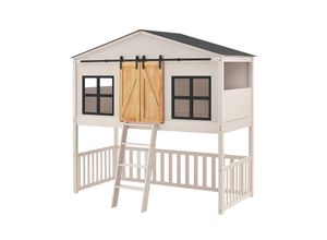 4260565525899 - Kinderbett Farmhaus 90 x 200 cm mit Treppe Dach & Fenster – Hochbett rosa für Kinder – Lattenrost bis 150 kg – Hausbett aus Massivholz - Juskys