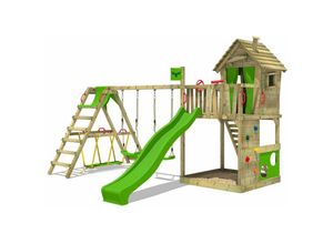 4251511816123 - Fatmoose - Spielturm Klettergerüst HappyHome mit Schaukel SurfSwing & Rutsche Spielhaus mit Sandkasten Leiter & Spiel-Zubehör - apfelgrün - 1