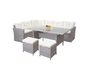 4057651292403 - Poly-Rattan-Garnitur MCW-A29 Gartengarnitur Sitzgruppe Lounge-Esstisch-Set Sofa ~ hellgrau Kissen creme + 2x Hocker